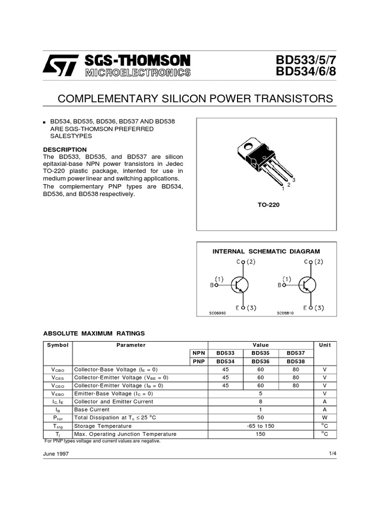 Complementary Silicon Power Transistors: BD533/5/7 BD534/6/8 | PDF ...