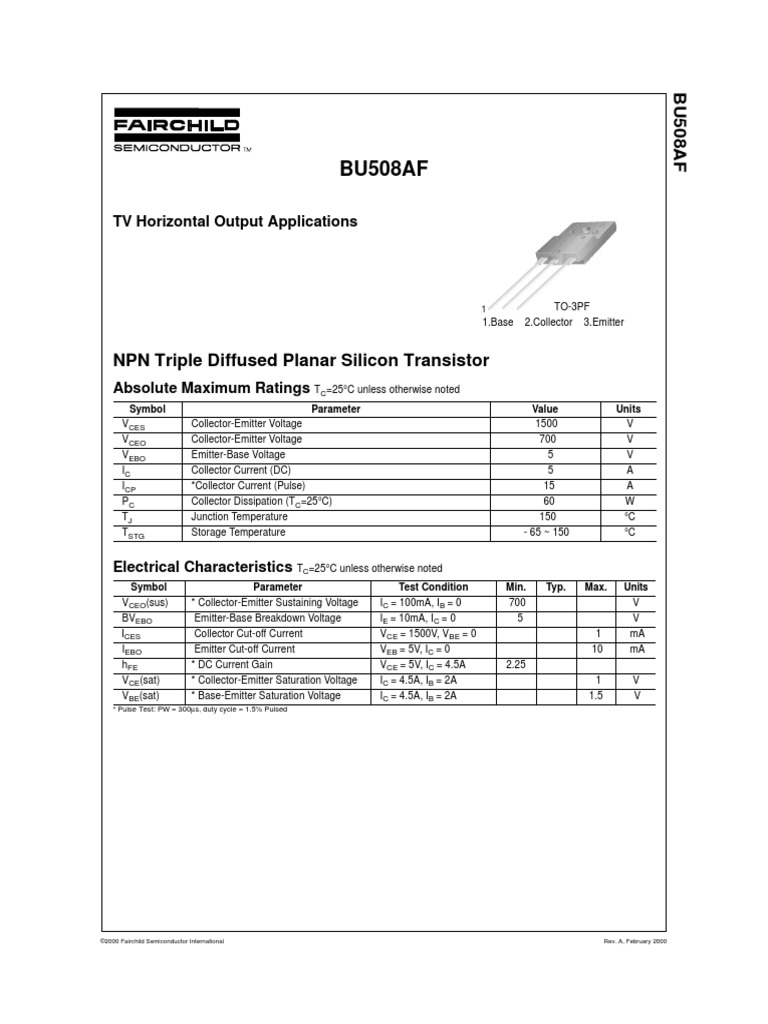 BU508AF: NPN Triple Diffused Planar Silicon Transistor | PDF