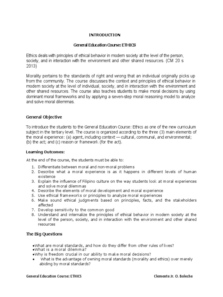 General Education Course: ETHICS | PDF | Good And Evil | Morality