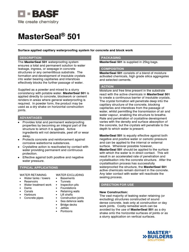 MasterSeal 501 TDS | PDF | Concrete | Water