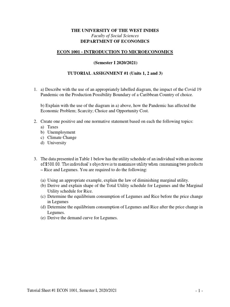 ECON 1001 Tutorial Sheet 1 Semester I 2020-2021 | PDF | Economic ...