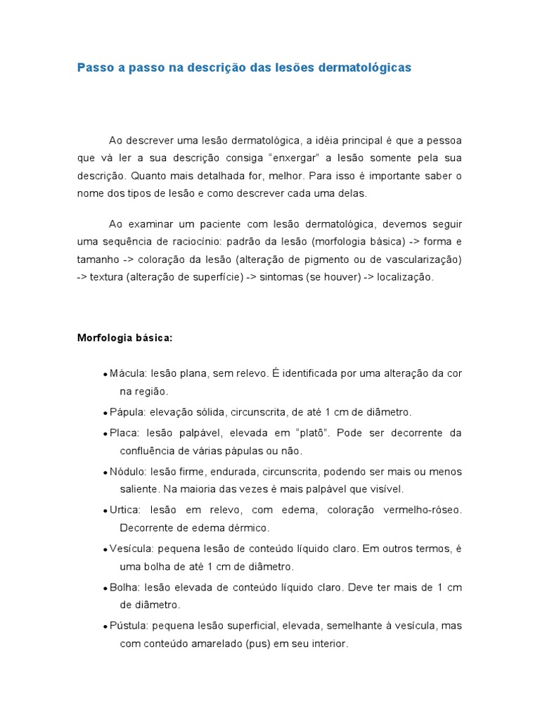 Passo A Passo Na Descrição Das Lesões Dermatológicas | PDF | Pele | Cor