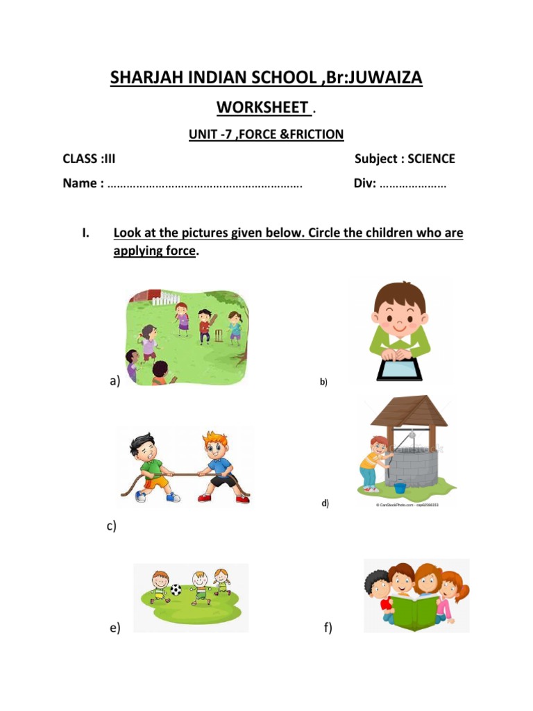 Grade 3, Worksheet - Force and Friction | PDF