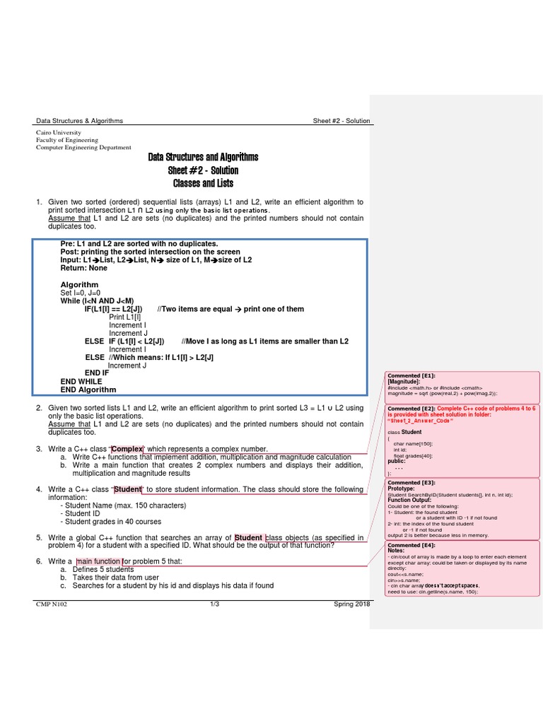Sheet2 - Classes and Lists - S2018 - Solution | PDF | Array Data Structure | C++