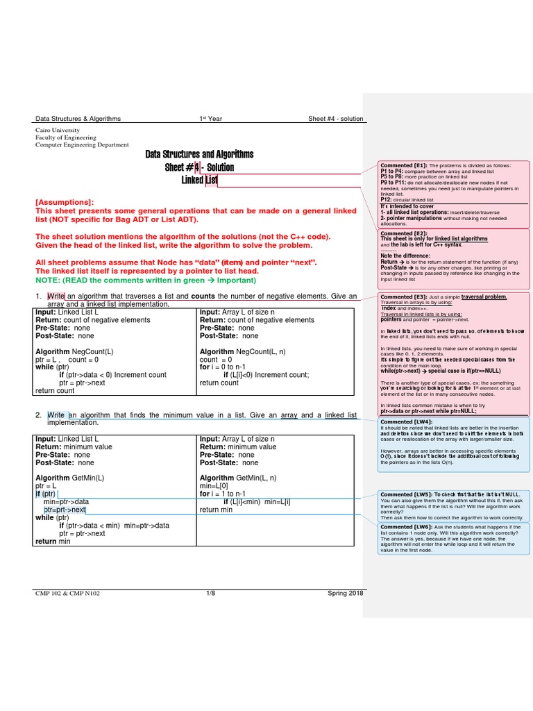 Sheet4 Linked Lists S2018 Solution Pdf Array Data Structure Pointer Computer Programming