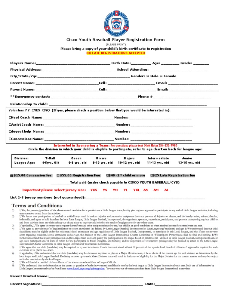 Cisco Youth Baseball Player Registration Form: No Late Registrations ...