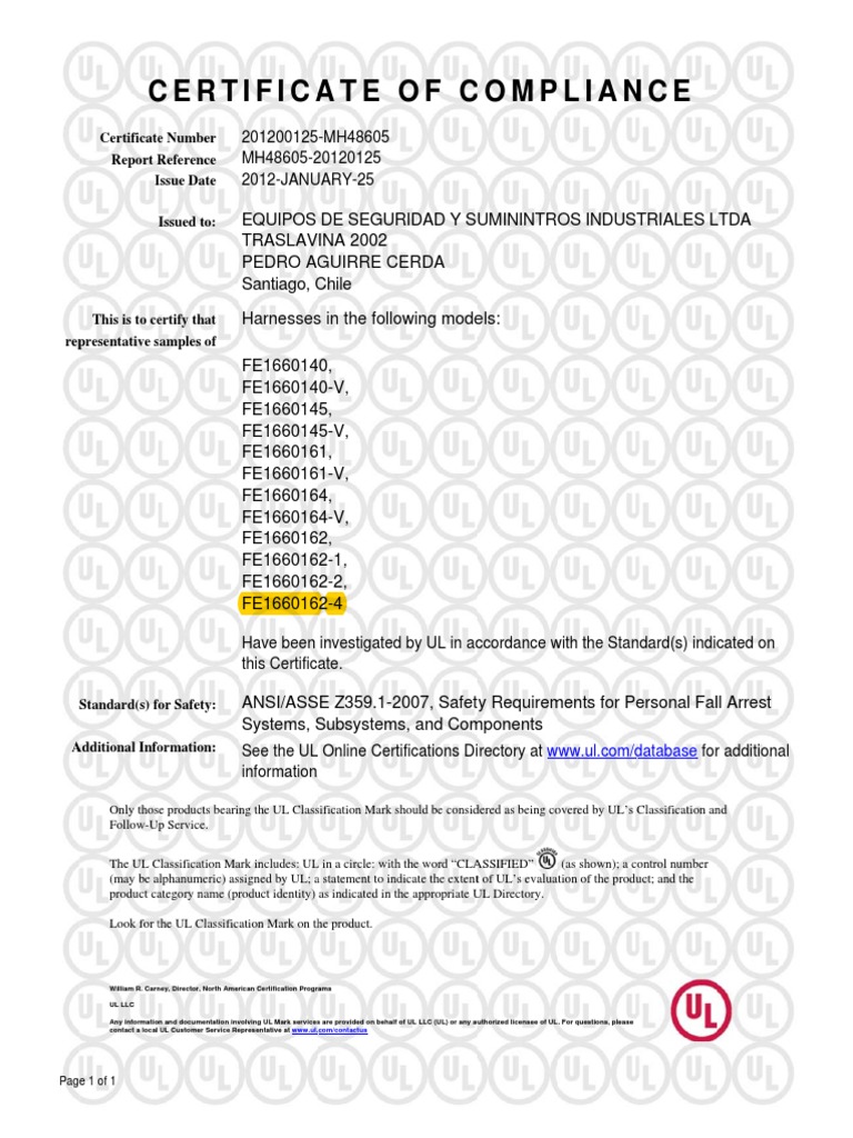 Certificate of Compliance for Harnesses from Equipos de Seguridad y ...