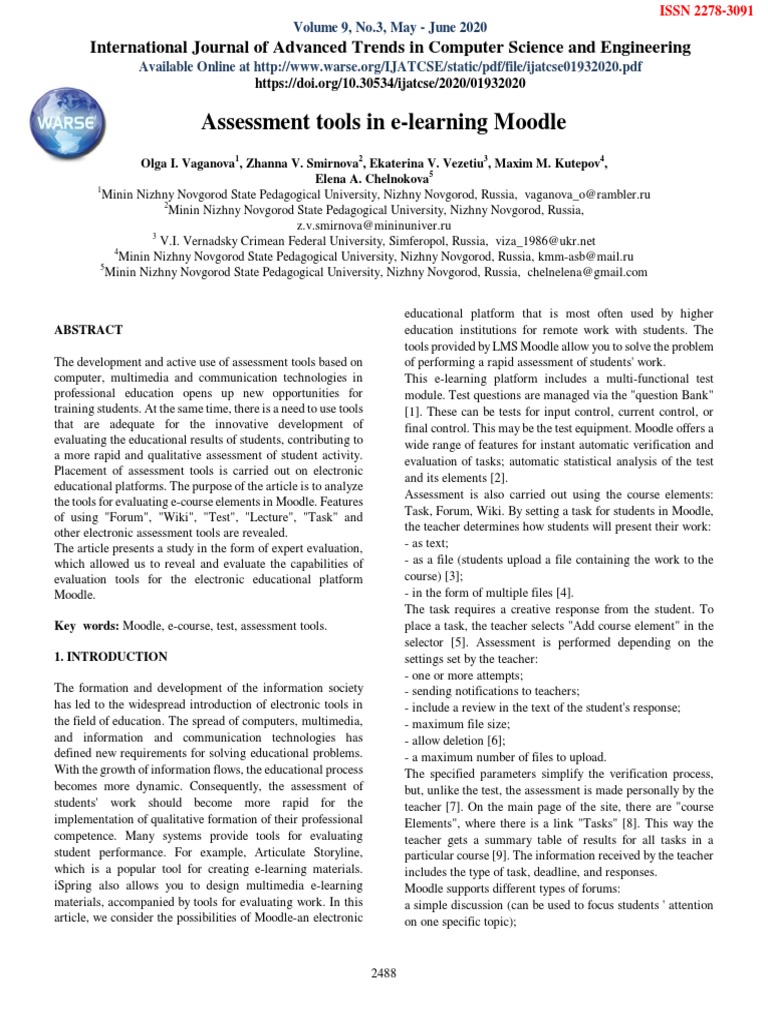 Assessment Tools In E Learning Moodle Pdf Educational Assessment