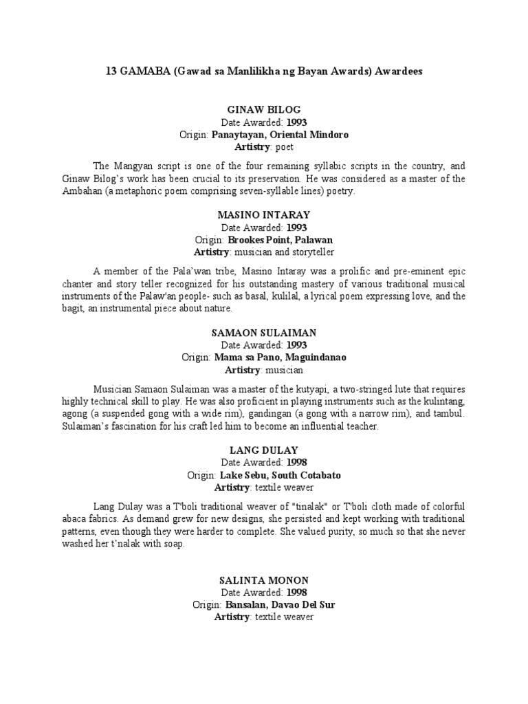 13 GAMABA (Gawad Sa Manlilikha NG Bayan Awards) Awardees: Ginaw Bilog ...