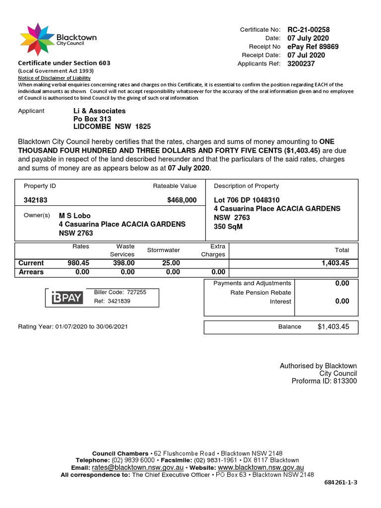 Certificate Under Section 603: Council Chambers Telephone: Email: All ...