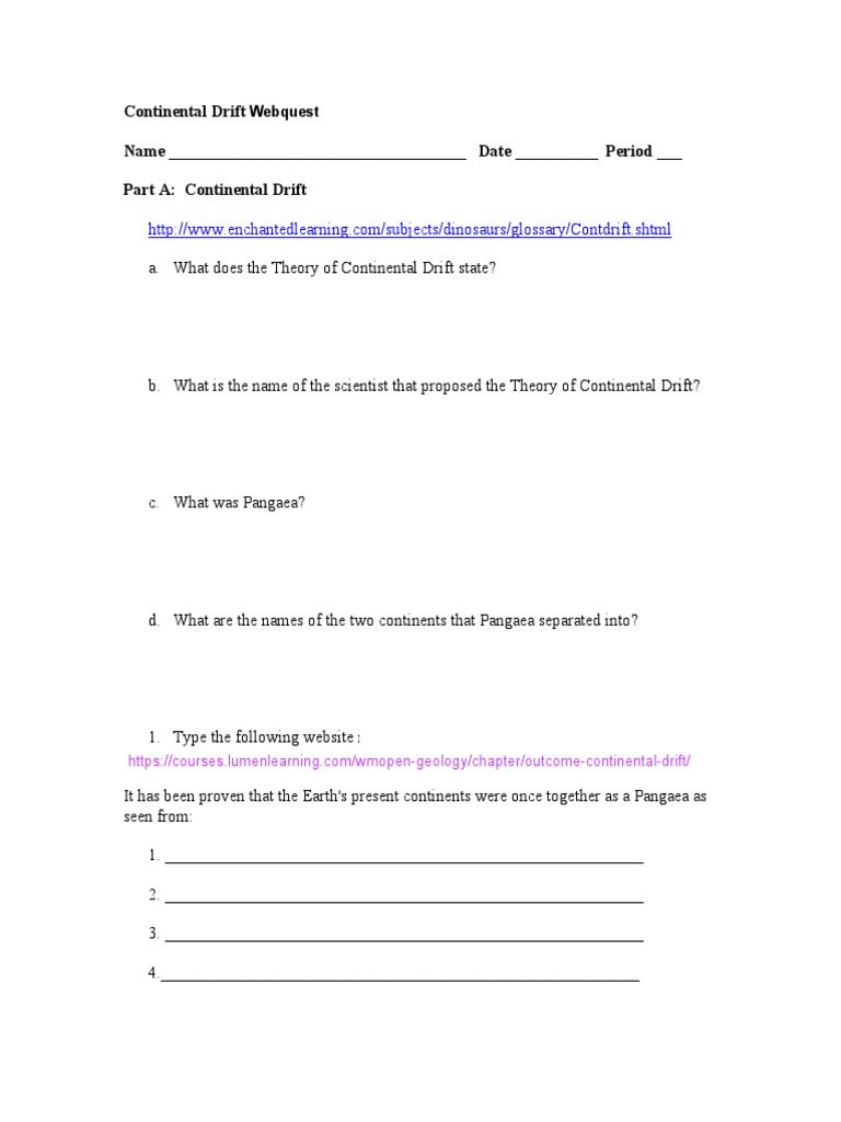 Continental Drift and Plate Tectonics Webquest: Name - Date - Period ...