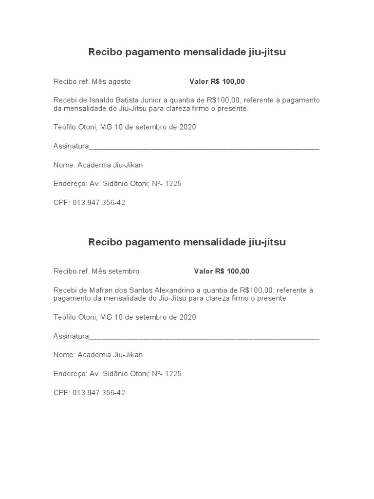 Recibo Mensalidade Jiujitsu | PDF