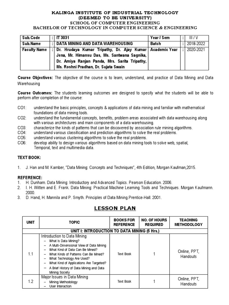 Lesson Plan - DMDW - Revised | PDF | Cluster Analysis | Data Warehouse