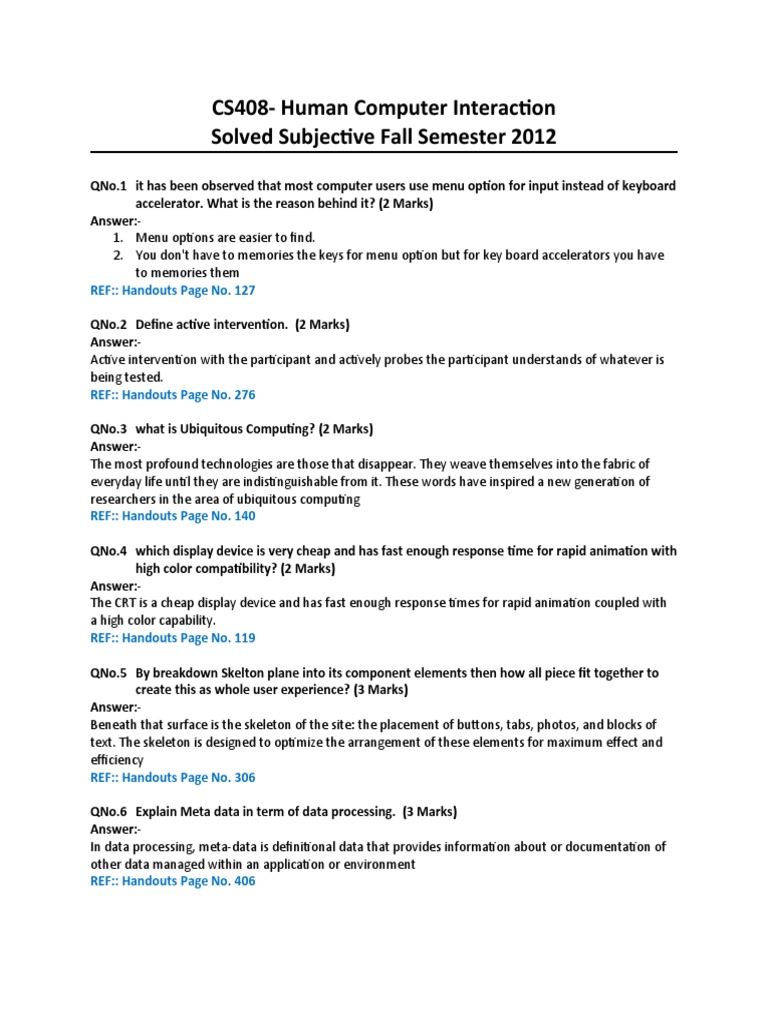 CS408-Human Computer Interaction Solved Subjective Fall Semester 2012 | PDF | Usability ...