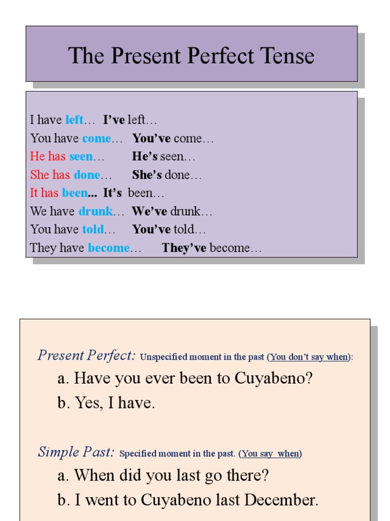 The Present Perfect Tense The Present Perfect Tense: Left Come Seen ...