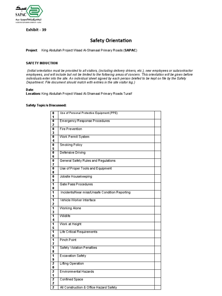 Safety Orientation Form | PDF | Workplace | Safety