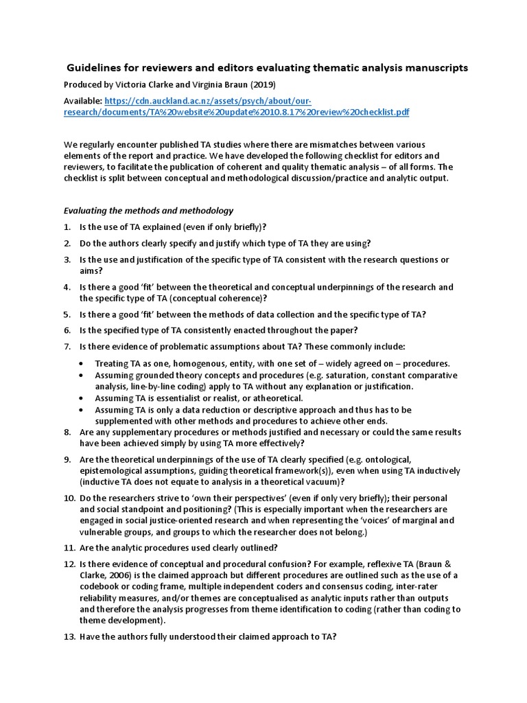Checklist For Reviewers and Editors Evaluating Thematic Analysis ...