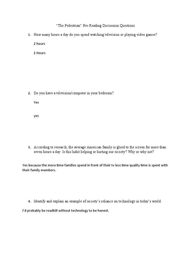 The Pedestrian Pre-Reading Questions | PDF | Games & Activities ...