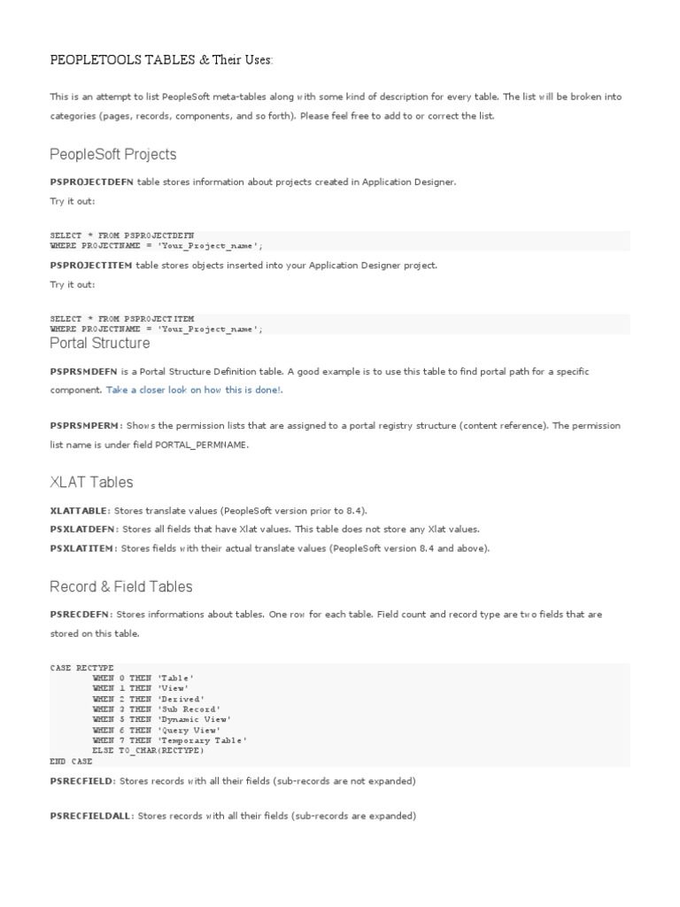 PEOPLETOOLS TABLES & Uses | PDF | Sql | Information Retrieval