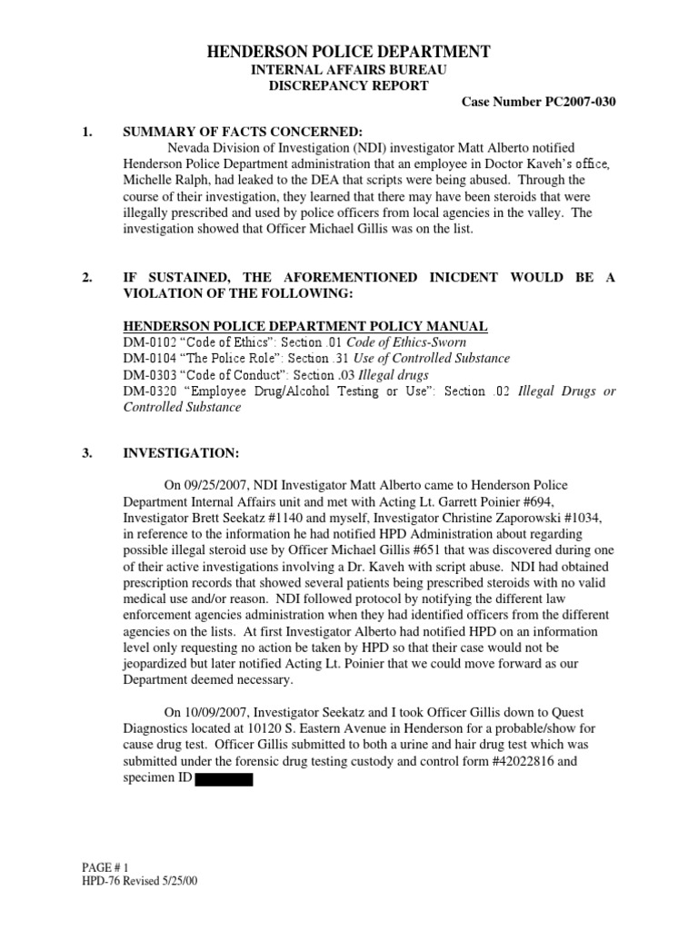Henderson Cop Investigated For Using Drugs Without Prescription | PDF ...