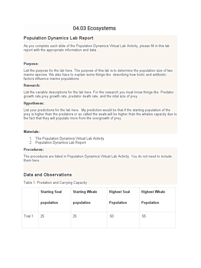 04.03 Ecosystems: Population Dynamics Lab Report | PDF | Predation | Pinniped