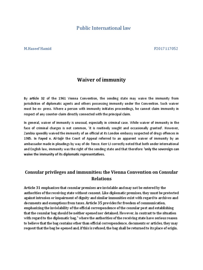 Public International Law: Waiver of Immunity | PDF | Consul ...