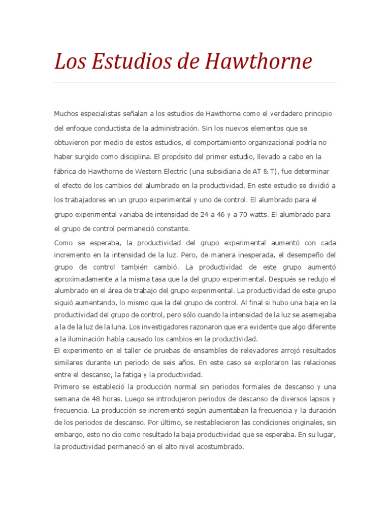 Los Estudios de Hawthorne ANALISIS | PDF | Experimentar | Conceptos ...