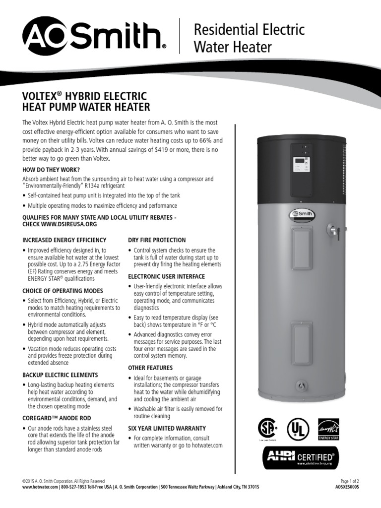 AO Smith Aosxe50005 Voltex Hybrid Electric Heat Pump | PDF | Heat Pump ...