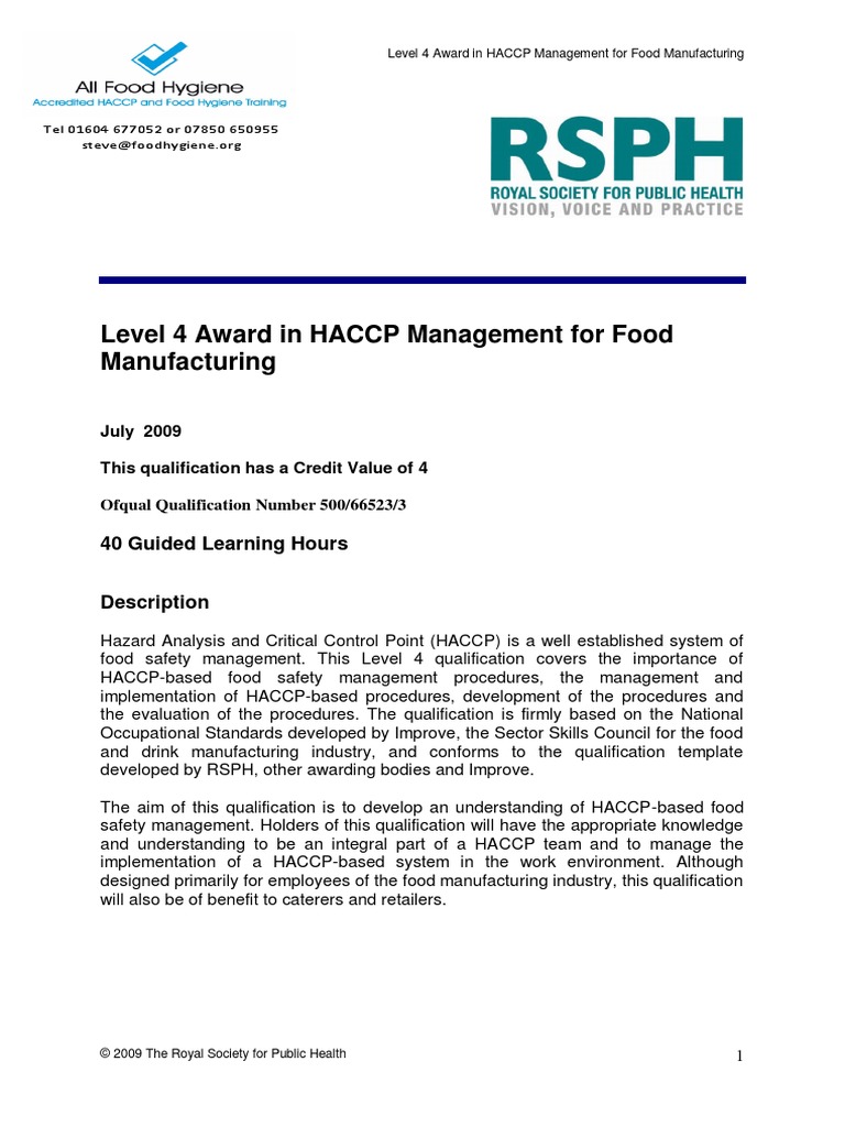 RSPH Level 4 Award in Haccp Management For Food Manufacturing | PDF ...