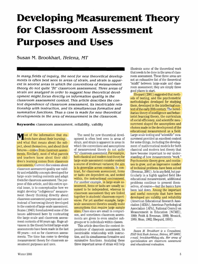 Developing Measurement Theory Classroom Assessment: For Purposes and ...