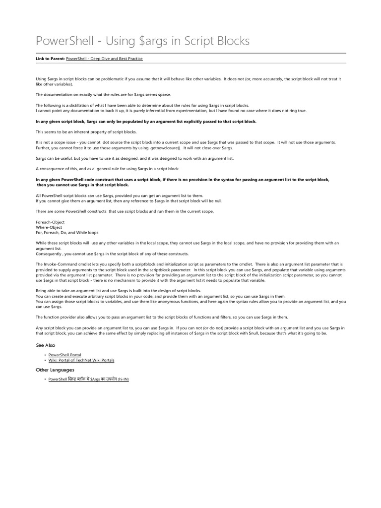 Powershell Using Args In Script Blocks Pdf Scope Computer Science Parameter Computer 0760