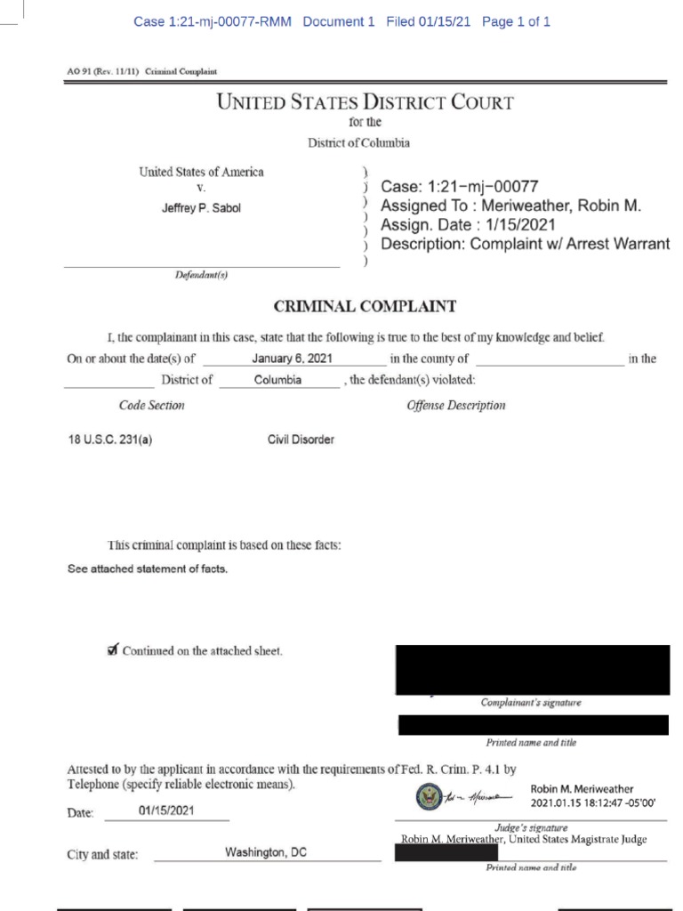 Jeffrey Sabol Redacted Complaint and Statement of Facts | PDF