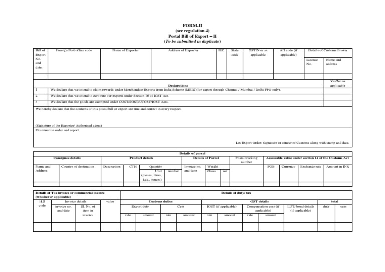 Form-Ii (See Regulation 4) Postal Bill of Export - II (To Be Submitted ...