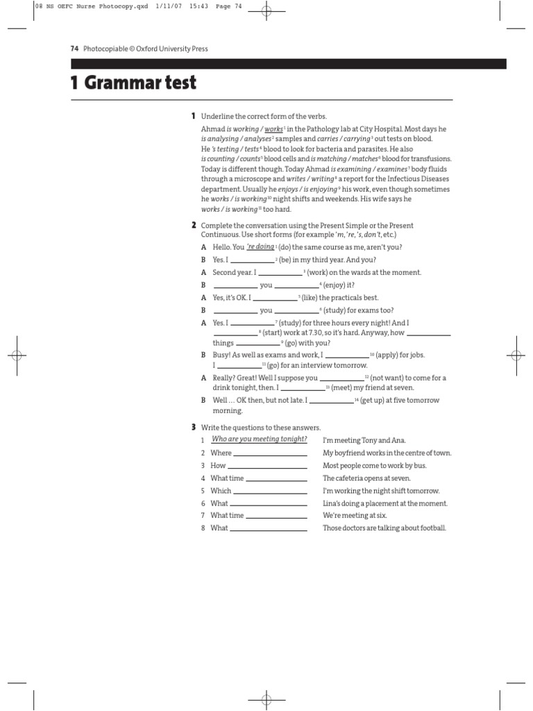1 Grammar Test: 74 Photocopiable © Oxford University Press | PDF | Test ...