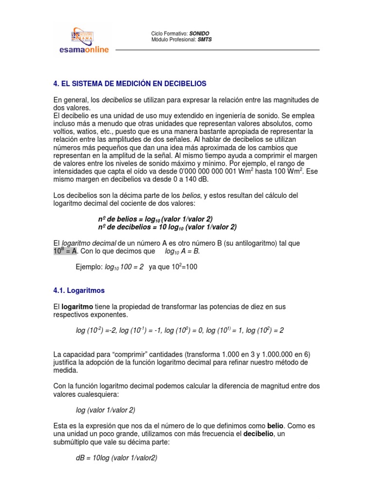Tema 4 EL SISTEMA DE MEDICIÓN EN DECIBELIOS | PDF | Decibel | Altoparlante