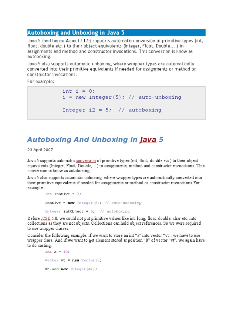 Autoboxing and Unboxing in Java 5 | PDF | Class (Computer Programming) | Method (Computer ...