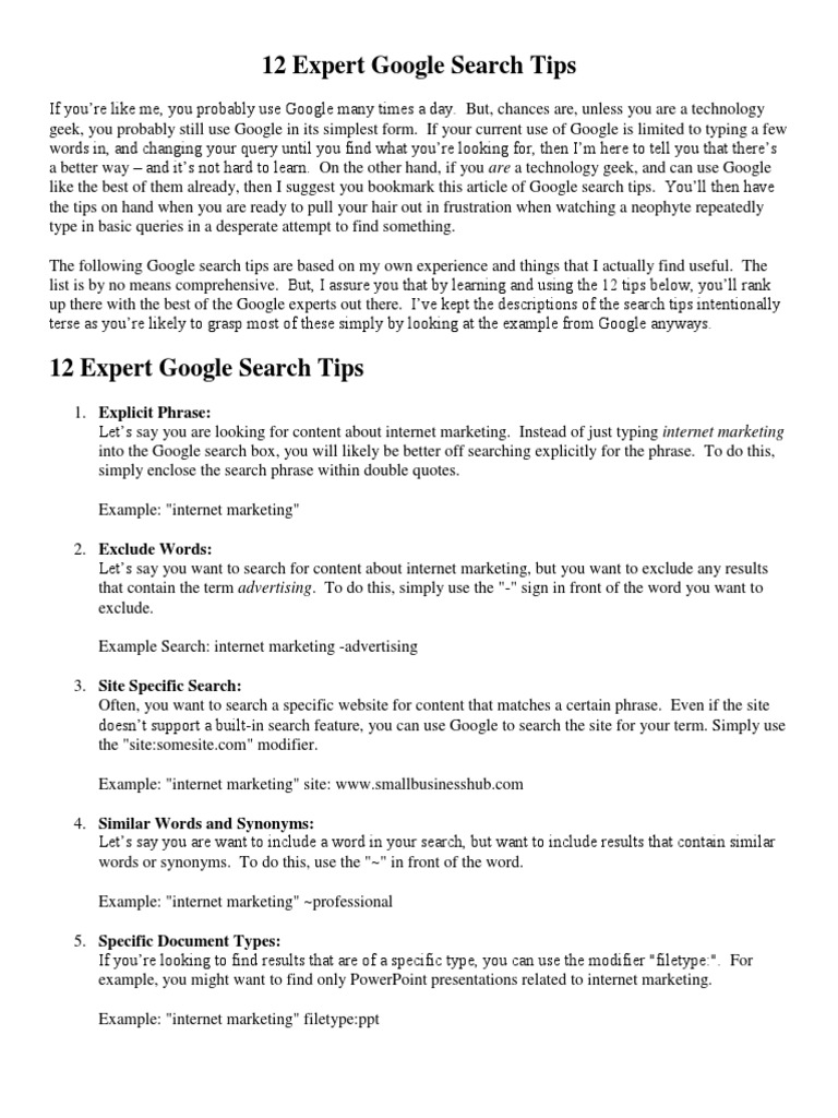 12 Expert Google Search Tips | PDF | Online Advertising | Microsoft ...
