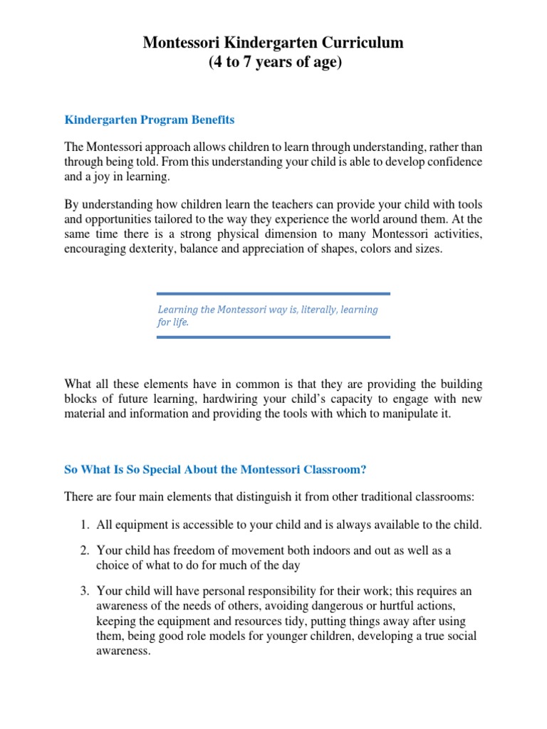 Montessori Kindergarten Curriculum Guide | PDF | Montessori Education ...