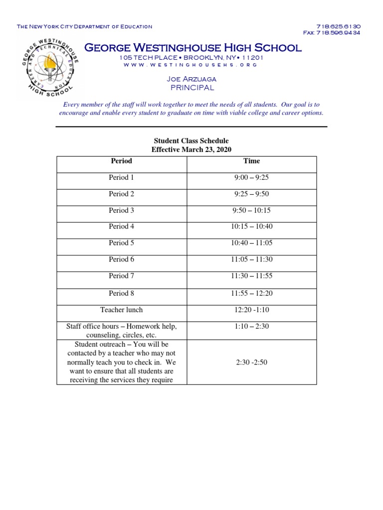 George Westinghouse High School: Student Class Schedule Effective March ...