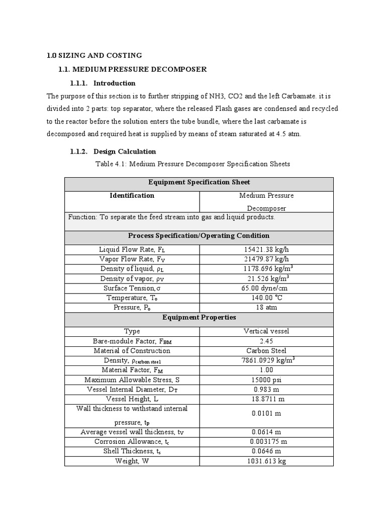 1.0 Sizing and Costing 1.1. Medium Pressure Decomposer: L V L V | PDF ...