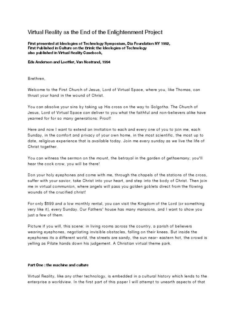 Virtual Reality As The End of The Enlightenment Project | PDF | Virtual Reality | Senses