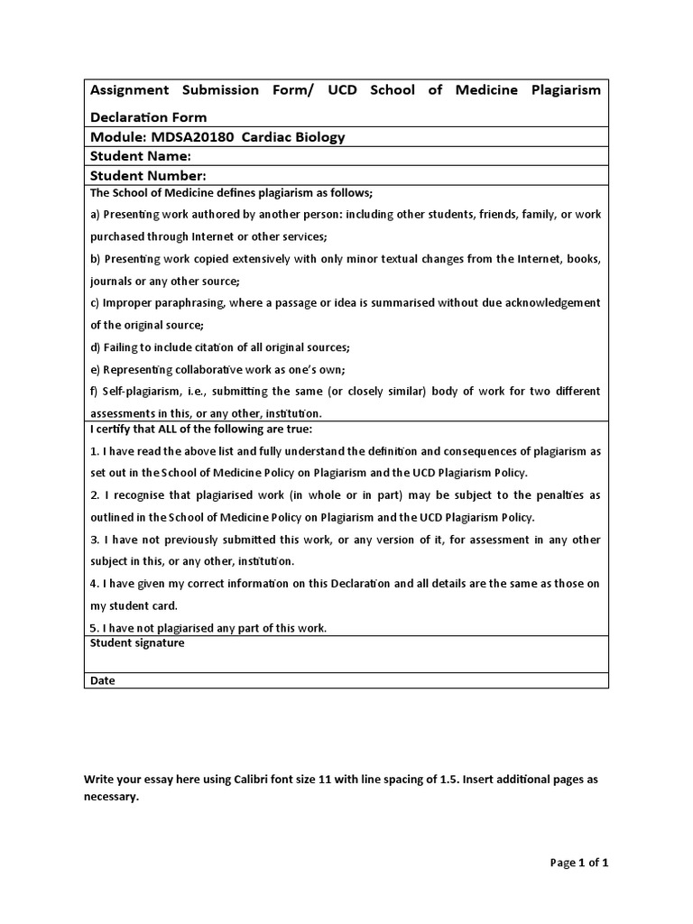 Assignment Submission Form/ UCD School of Medicine Plagiarism ...