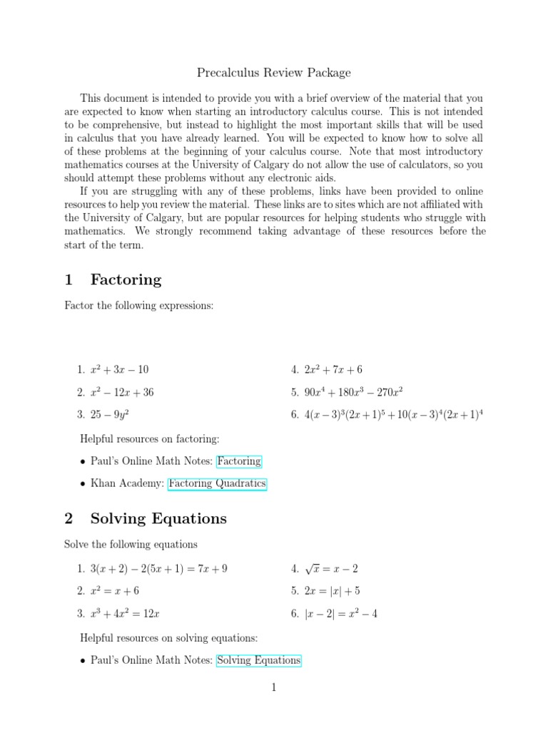 1 Factoring: Precalculus Review Package | PDF | Trigonometric Functions ...