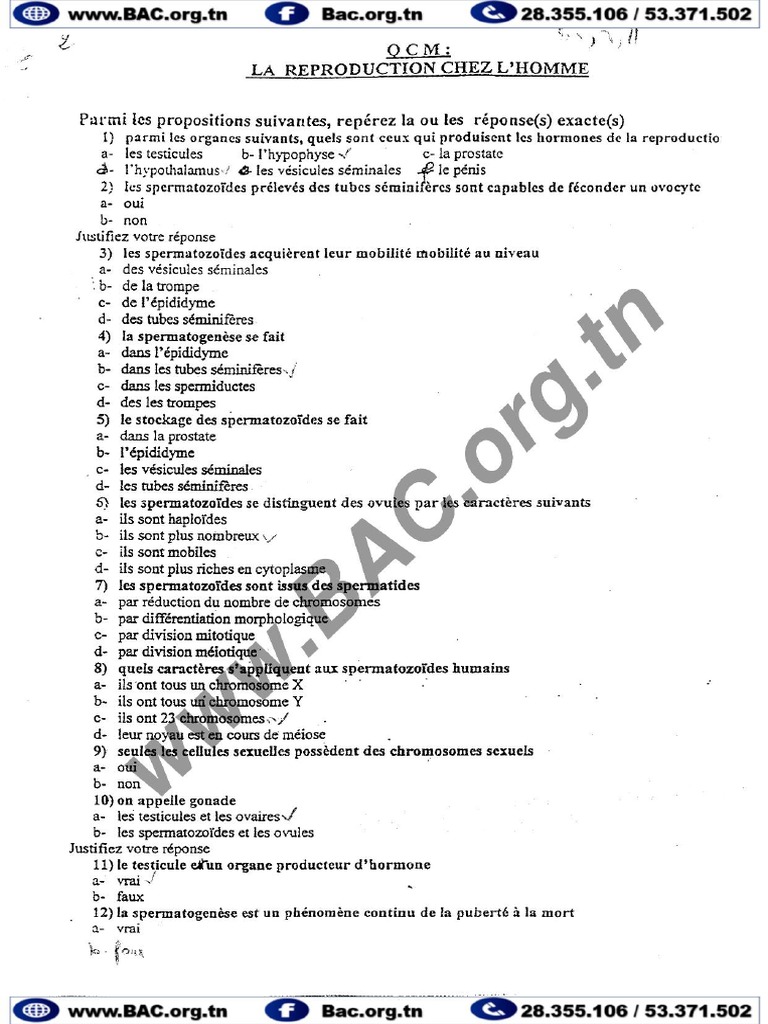 37 QCM Sur Reproduction Humaine Bac Sciences | PDF