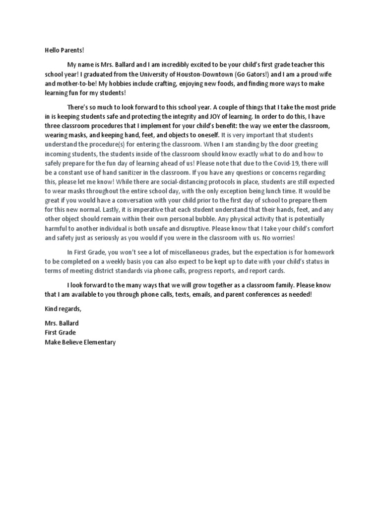 Parent Welcome Letter Teachworthy 1 | PDF