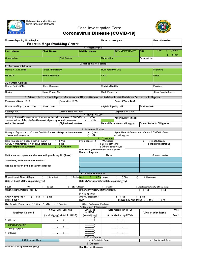 Coronavirus Disease (COVID-19) : Case Investigation Form | PDF | Common ...