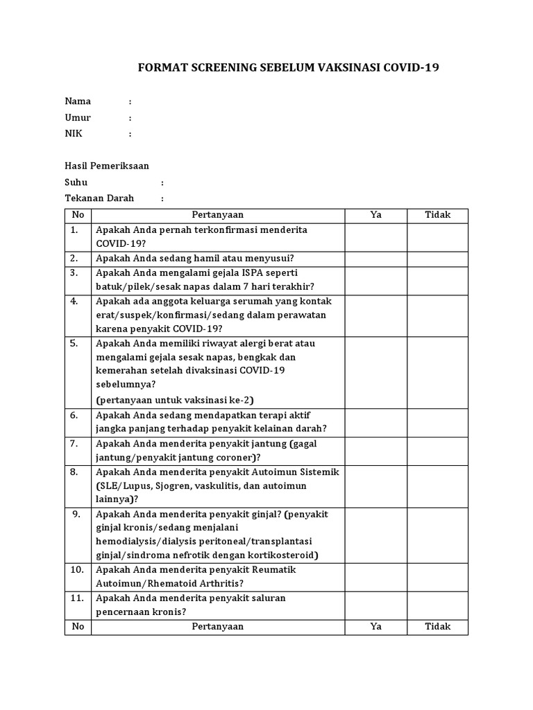 Format Skrining Vaksin COVID-19 | PDF Format Skrining Vaksin COVID-19 | PDF