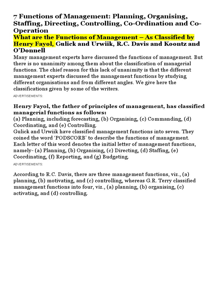 7 Functions of Management | PDF