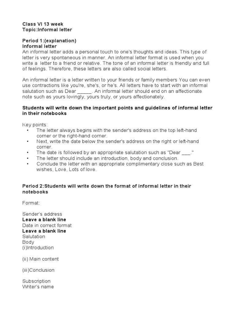 Informal Letter Writing Guide for Class 6 | PDF | Communication