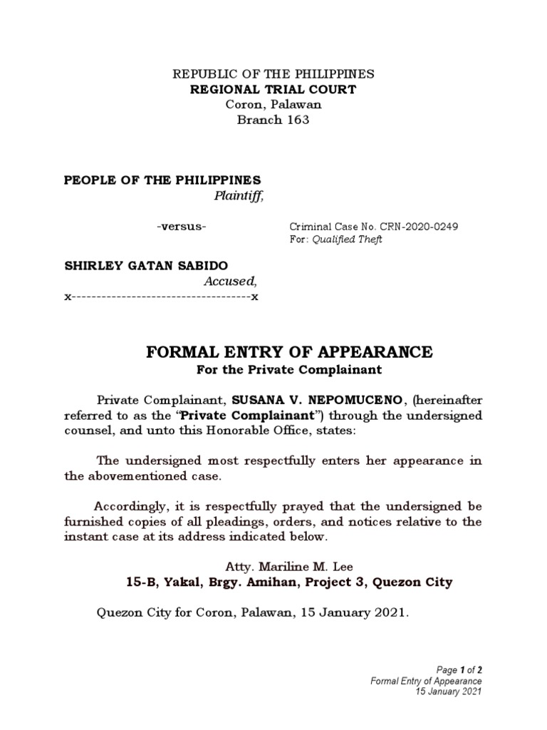 Formal Entry of Appearance: Regional Trial Court | PDF